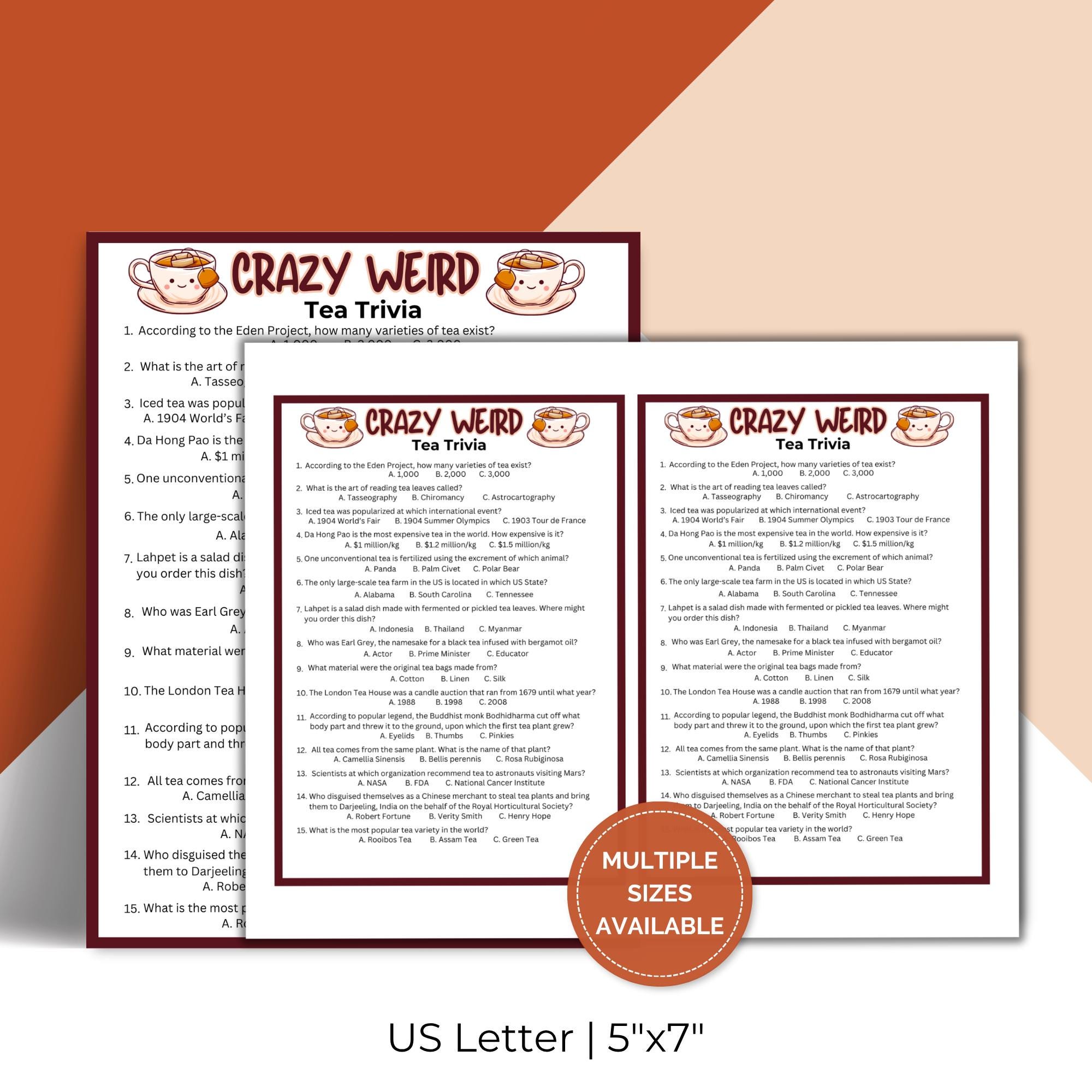 Printable Crazy Weird Tea Trivia Game, Tea Party Games, Pub Trivia ...