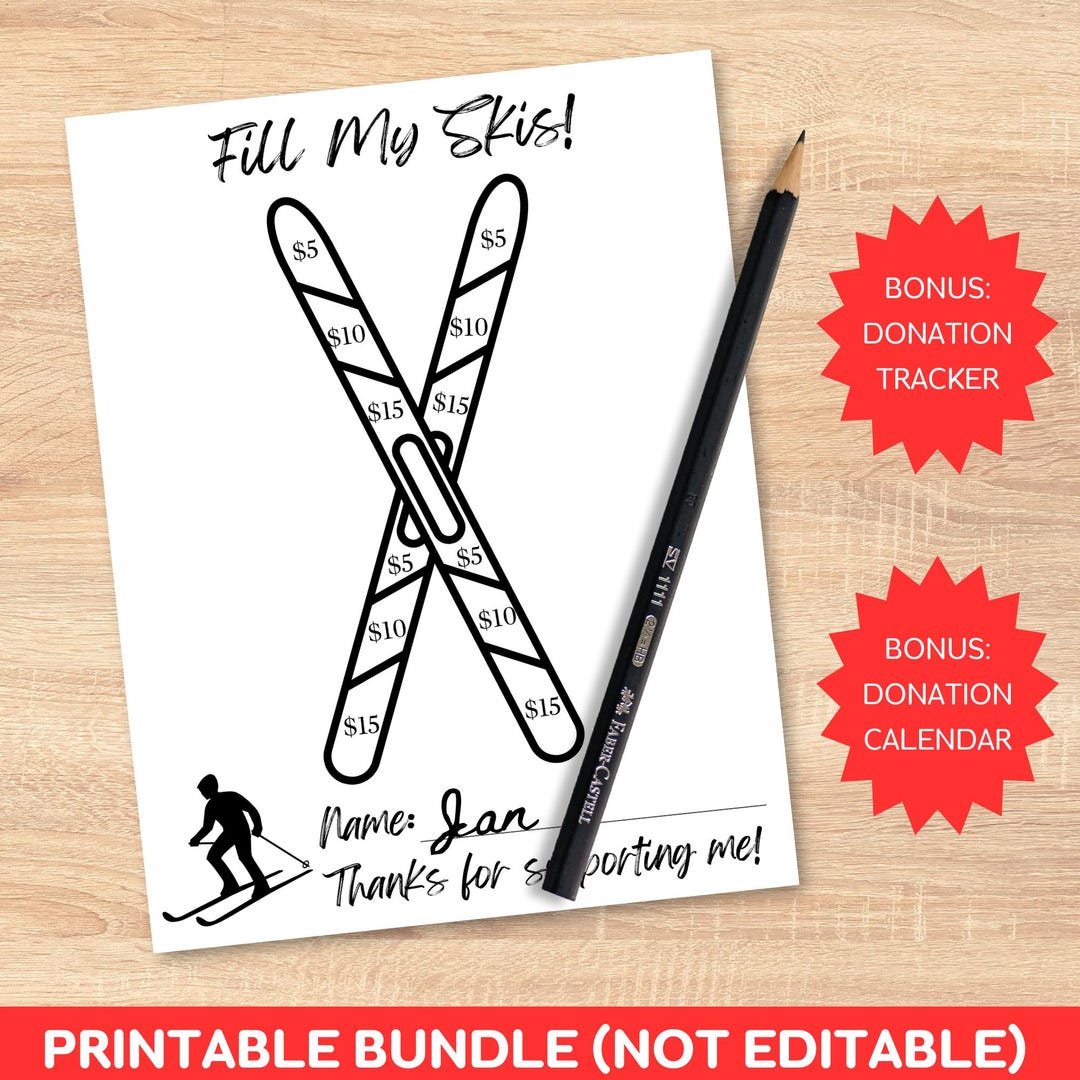 Printable Skiing Fundraising Bundle: Fill My Skis, Pick a Date Donation ...