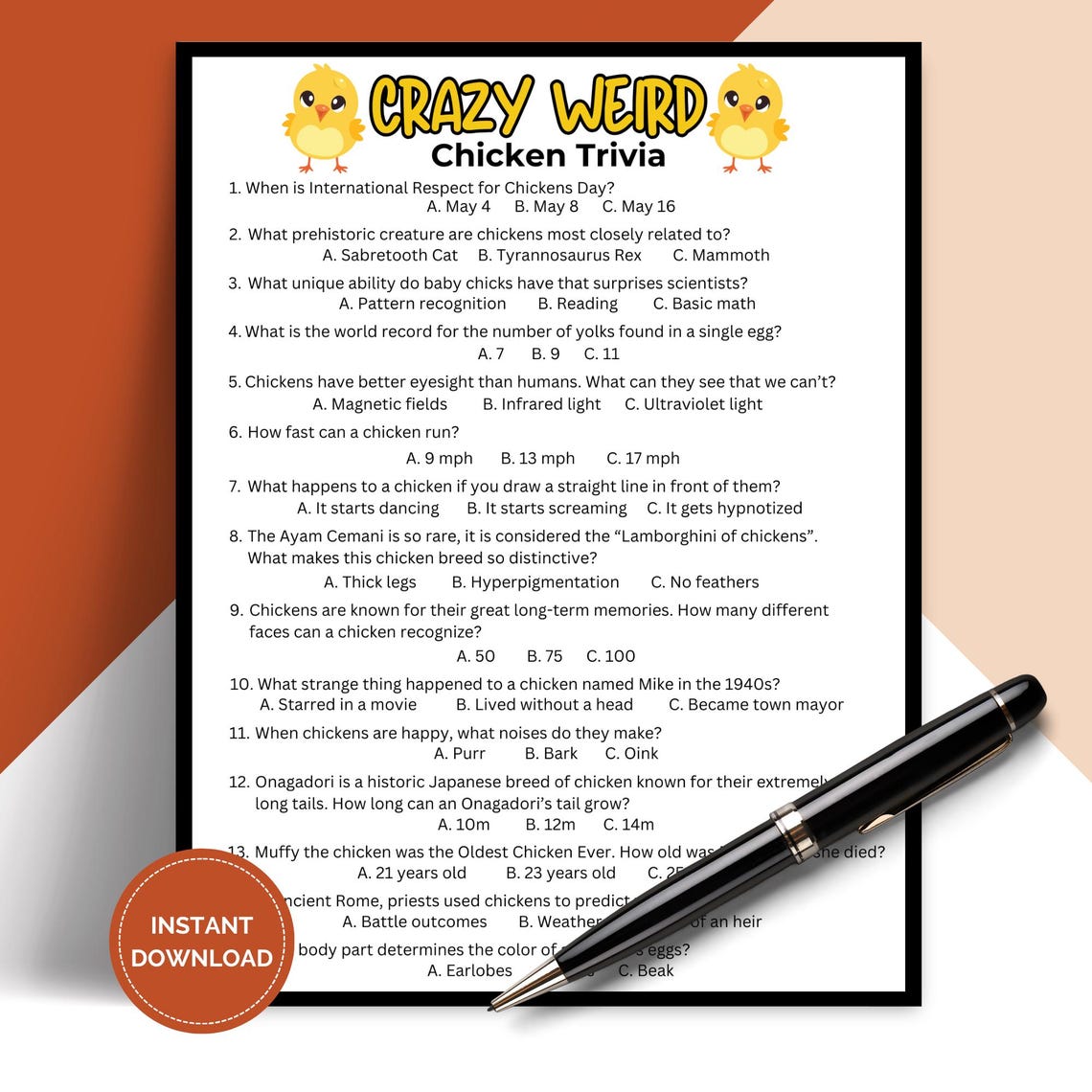 Printable Crazy Weird Chicken Trivia Game, Pub Trivia Night for Chicken ...