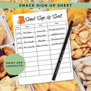 Printable Snack Sign up Sheet - Perfect for PTA Volunteers, Sports ...