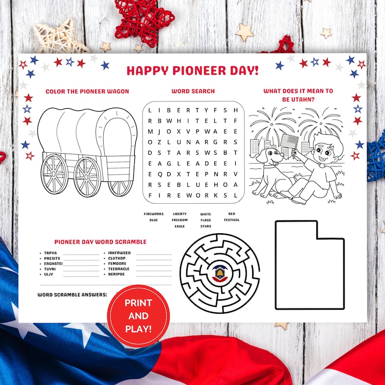Printable LDS Pioneer Day Coloring Placemat - Fun Games & Activities ...