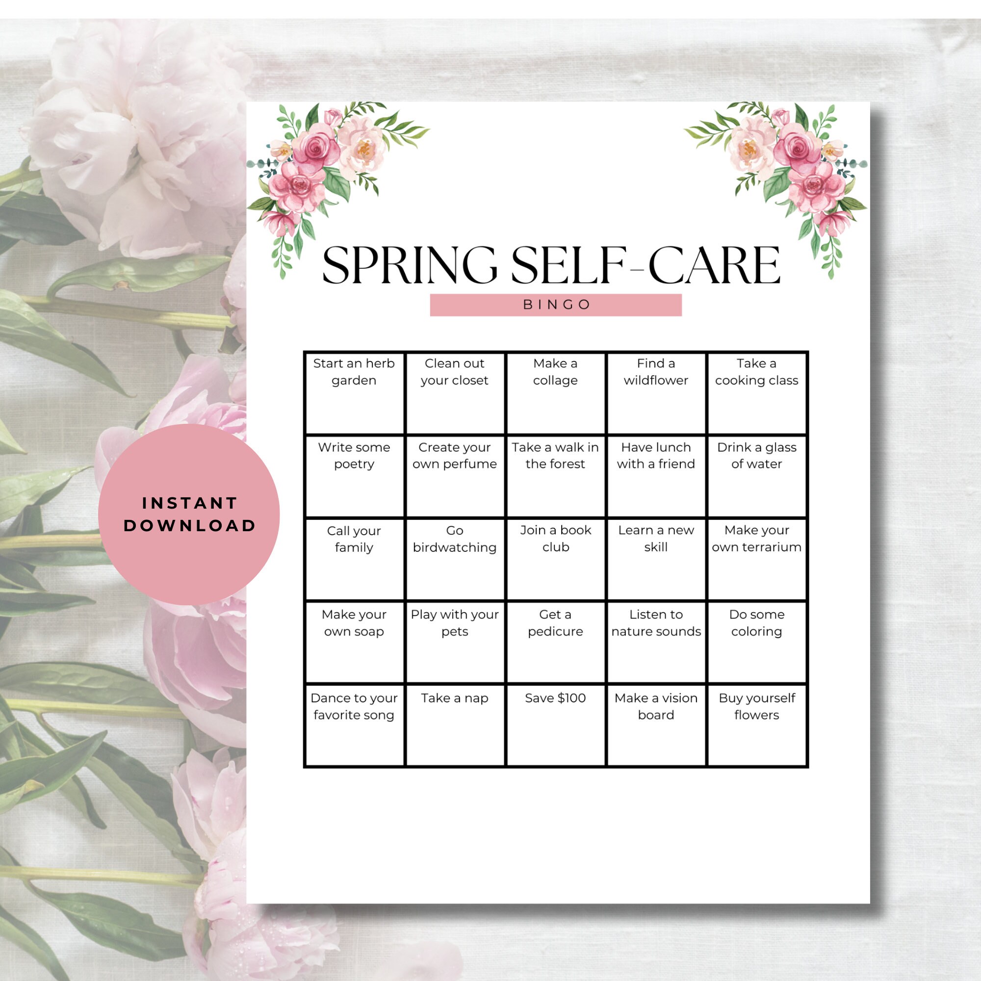 Spring Self Care Bingo Card - Printable Therapy Game for Wellness ...