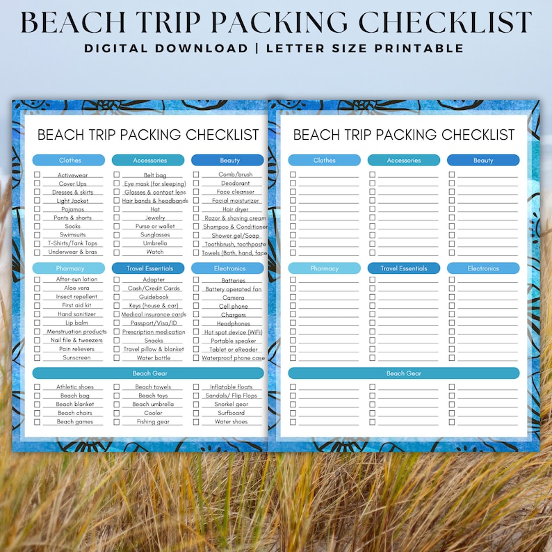 Printable Beach Vacation Packing Checklist - Dark Blue Sea Shell Design ...