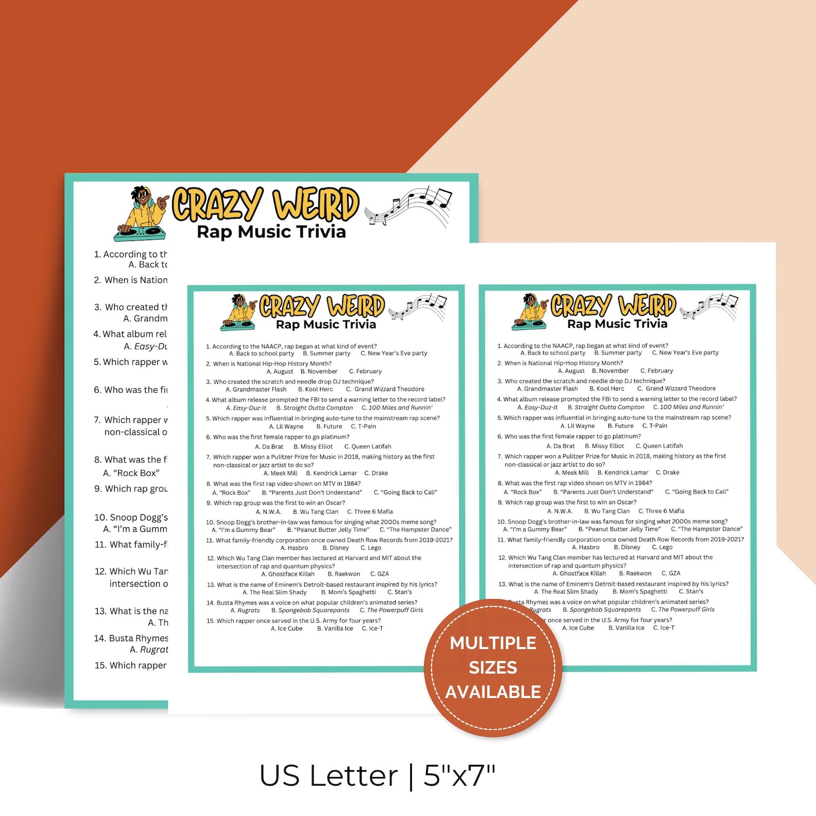 Printable Crazy Weird Rap Music Trivia Game, Hip Hop Pub Trivia ...