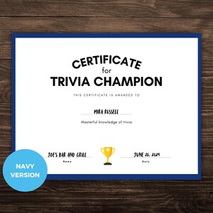 Printable Trivia Champion Certificate Awards, Pub Trivia, Icebreaker ...