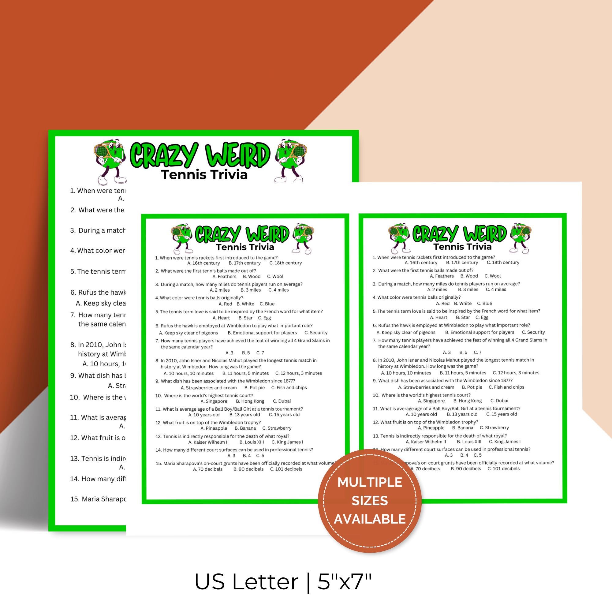 Printable Crazy Weird Tennis Trivia Game, Pub Sports Trivia Night, Team ...
