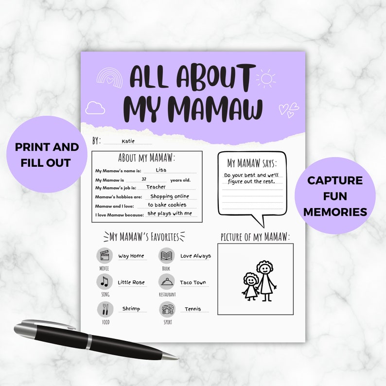 All About My Mamaw Printable, Heartfelt and Sentimental Activity for ...