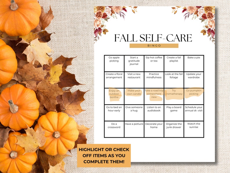 Printable Self Care Fall Wellness Bingo Card for Therapy Tools and Self ...
