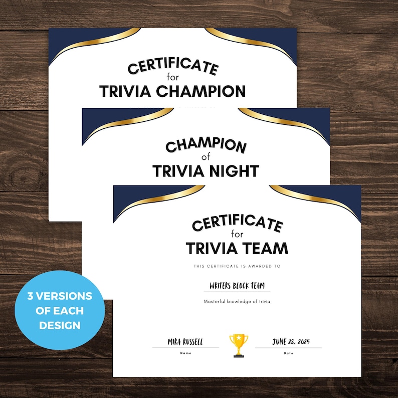 Printable Trivia Champion Certificate Awards, Pub Trivia, Icebreaker ...