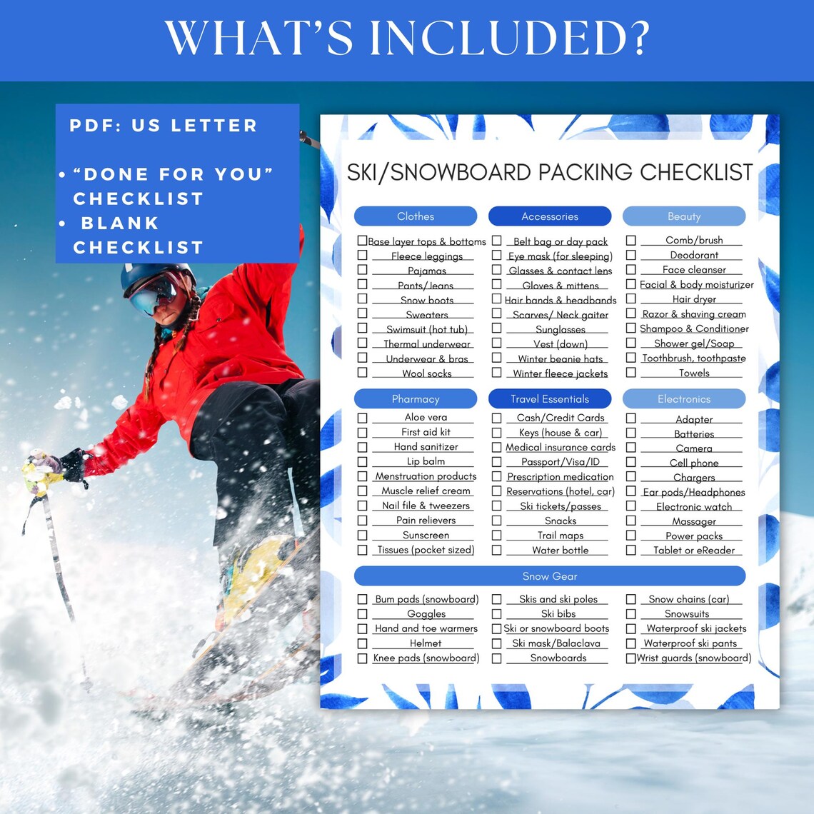 Printable Blue Ski and Snowboard Travel Checklist for All Your Travel ...