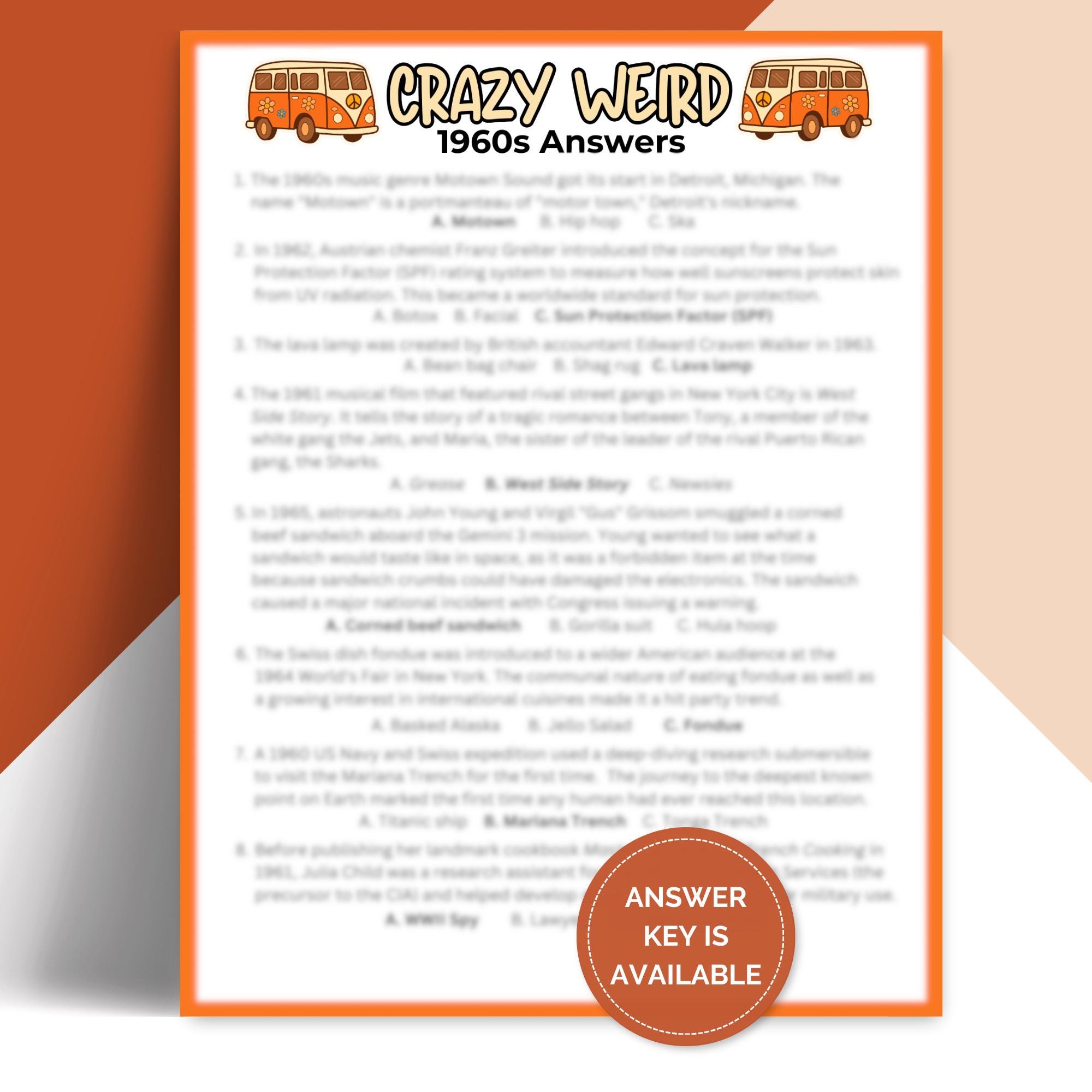 Printable Crazy Weird 1960s History Trivia Game, 60s Pub Trivia Night ...