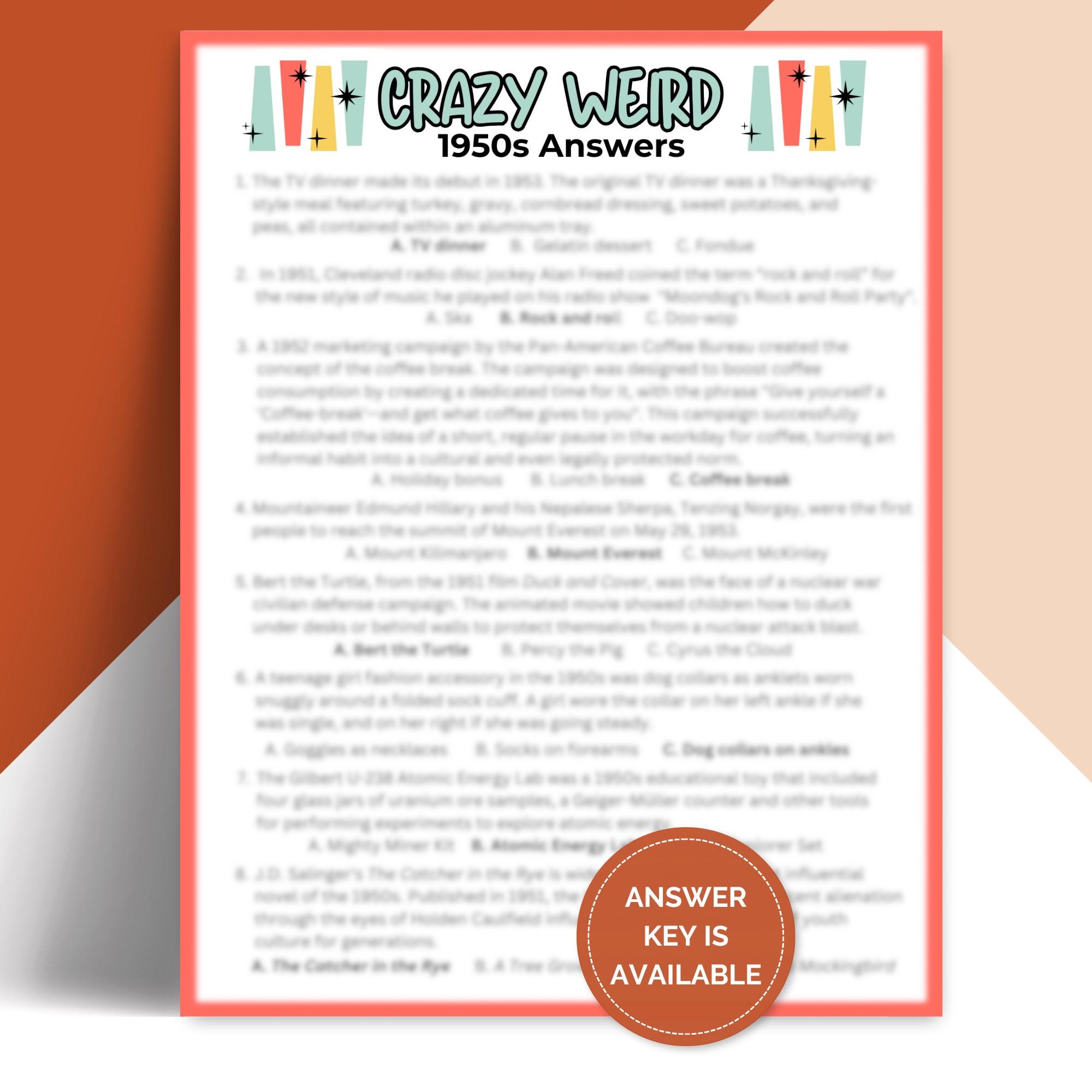 Printable Crazy Weird 1950s History Trivia Game, 50s Pub Trivia Night ...