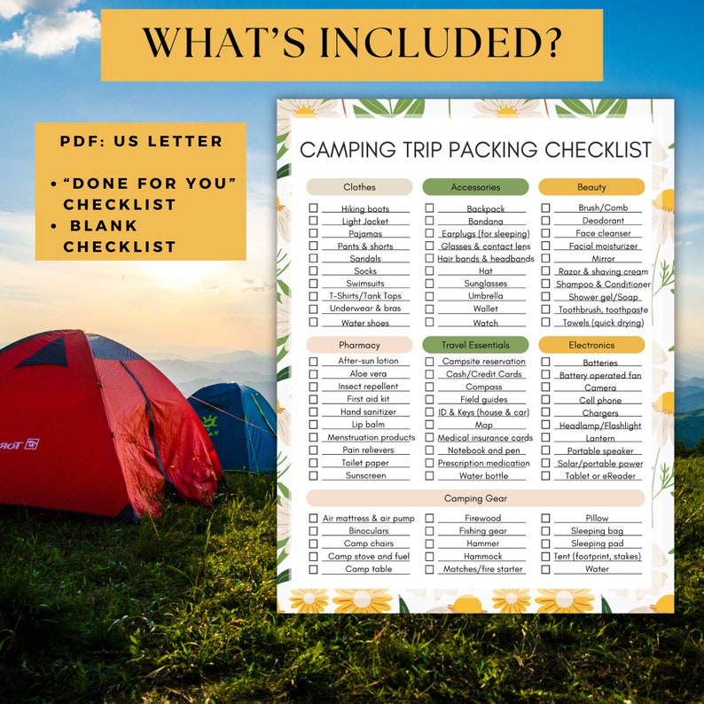 Printable Camping Essentials Checklist Yellow, Camping Packing ...