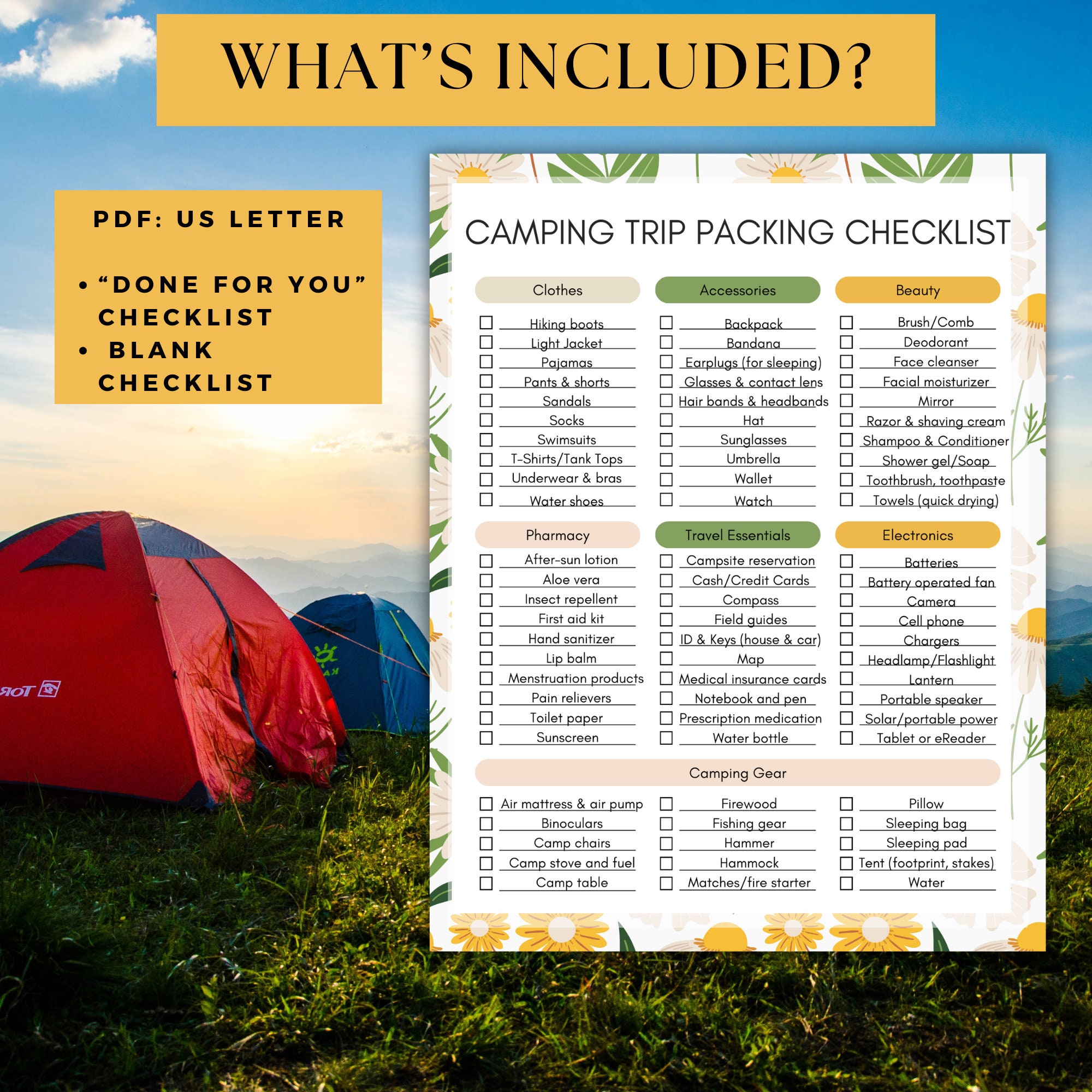 Printable Camping Essentials Checklist Yellow, Camping Packing ...