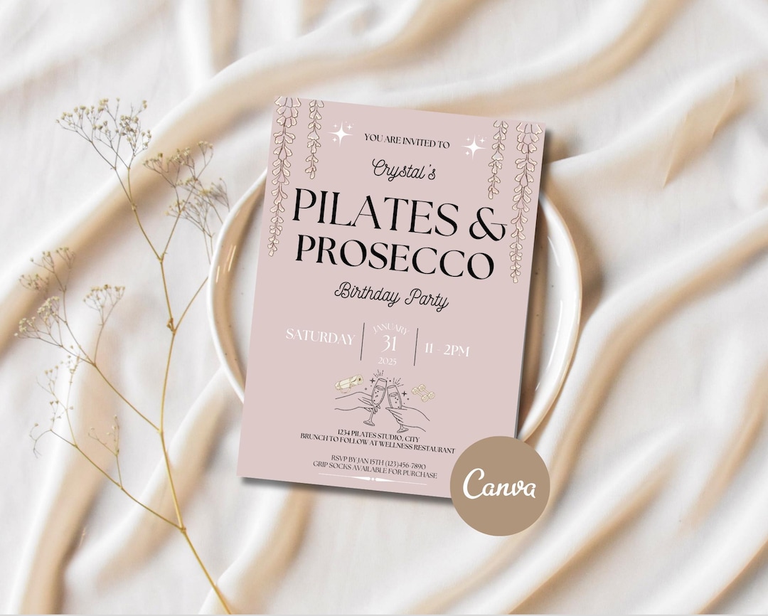 Pilates and Prosecco Birthday Invitation, Digital, Printable, Editable ...