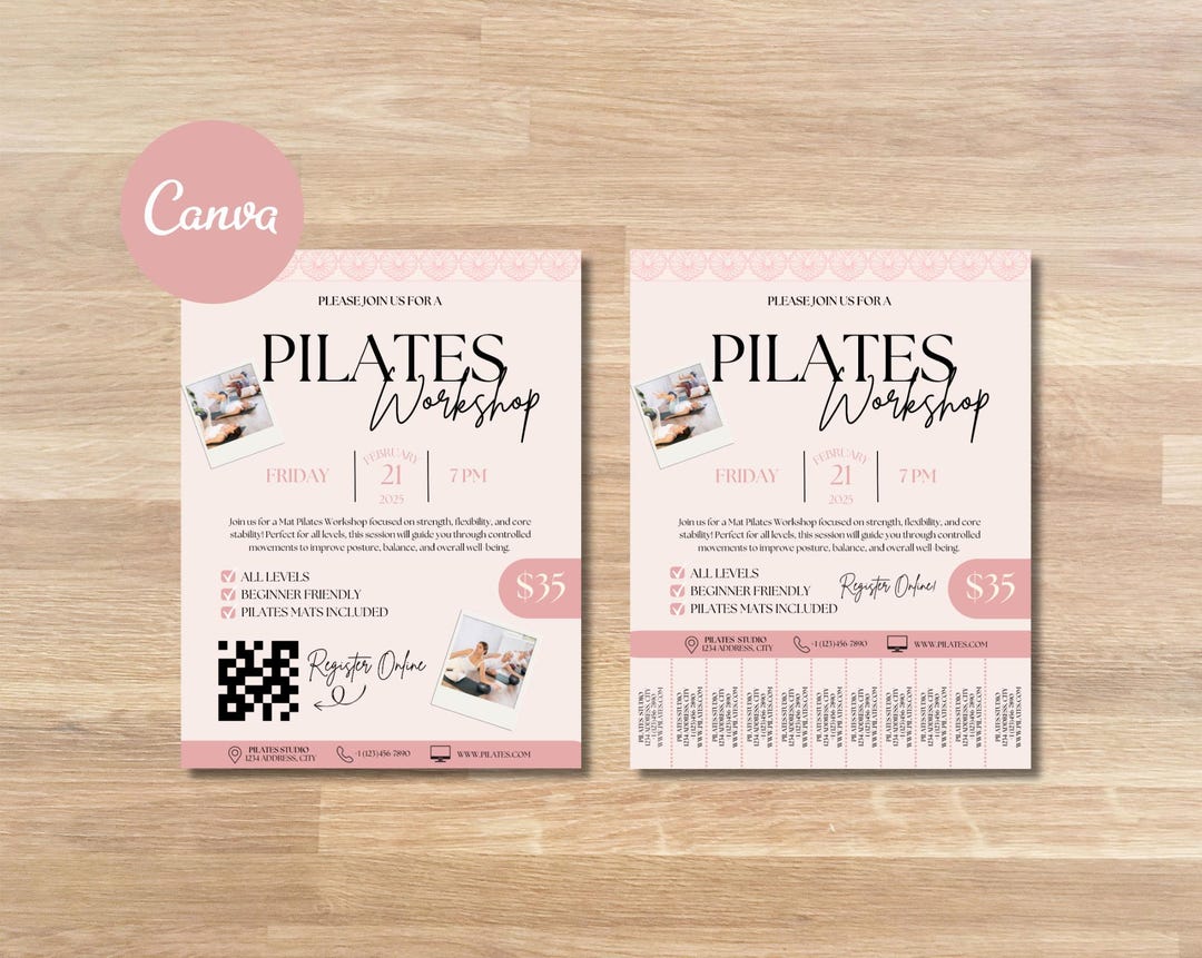 Pilates Flyer Template, Editable Canva Workshop Class, Digital Fitness ...