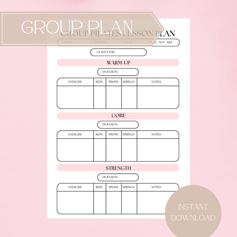 Pilates Class Lesson Planner, Printable Fitness Schedule, Instructor ...