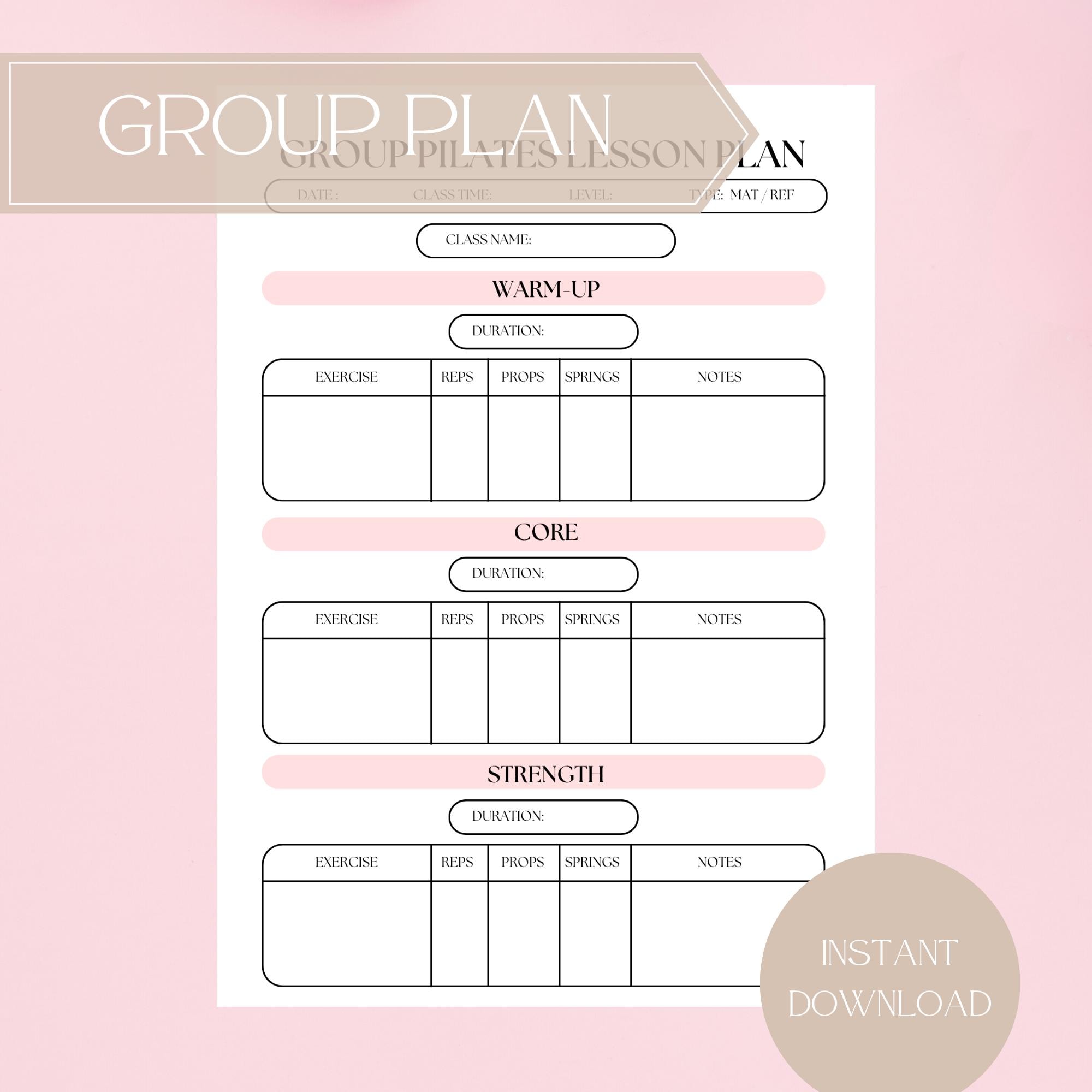 Pilates Class Lesson Planner, Printable Fitness Schedule, Instructor ...