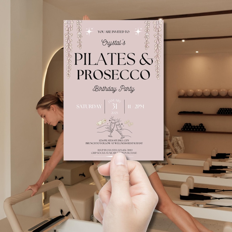 Pilates and Prosecco Birthday Invitation, Editable Wine Theme (digital ...