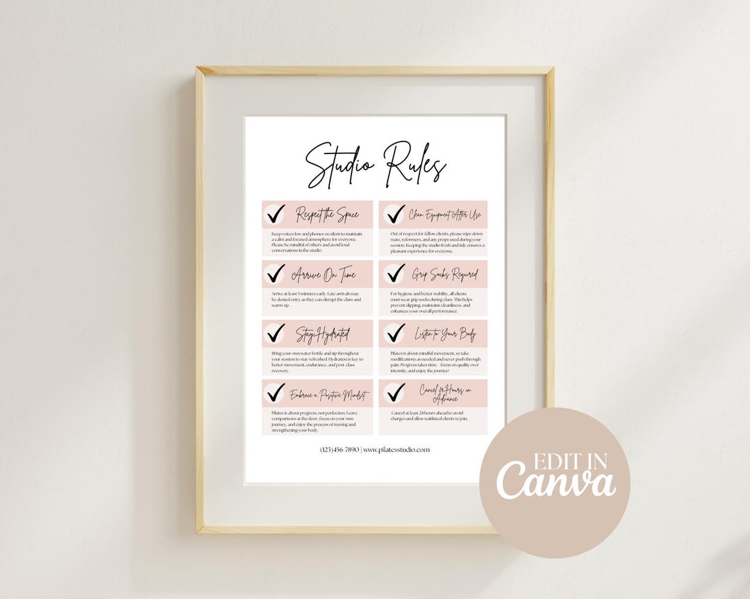 Pilates Studio Rules Template, Editable Canva Studio Policy Sign ...