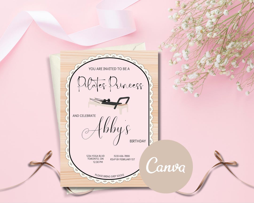 Pilates Birthday Invitation, Pink Girly Invite, Editable Canva Template ...