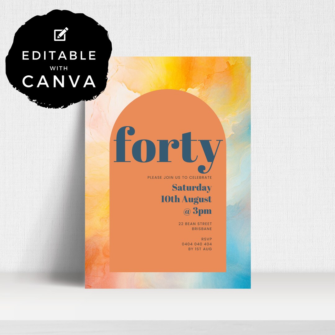 40TH Birthday Orange Birthday Invitation | FOURTY | Editable | Birthday ...
