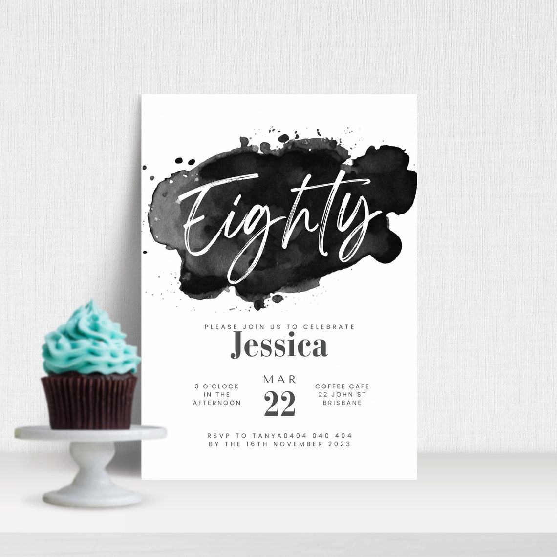 Black Splash 80th Birthday Invitation EIGHTY Editable Birthday Party ...