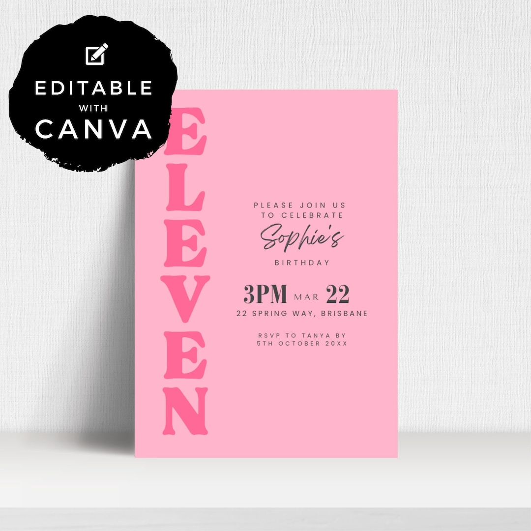 Pink 11th Birthday Party Invitation | Editable Template (digital ...