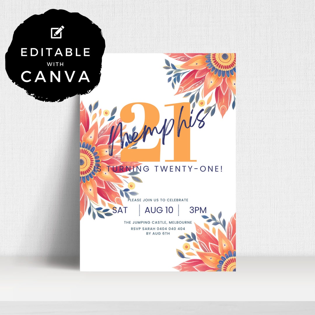 21ST Birthday Bright Floral Invitation | TWENTY-ONE | Editable ...