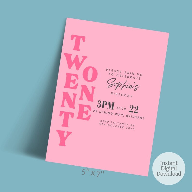 21st Birthday Pink Typography Party Invite | TWENTY ONE | Birthday ...