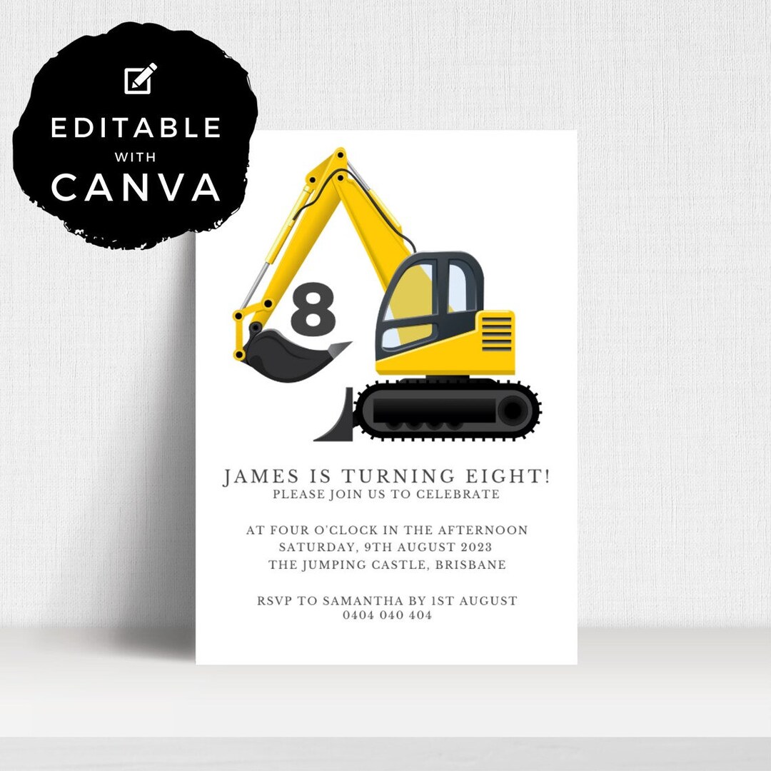 Construction Birthday Invitation | Digger Theme, Eight (digital ...