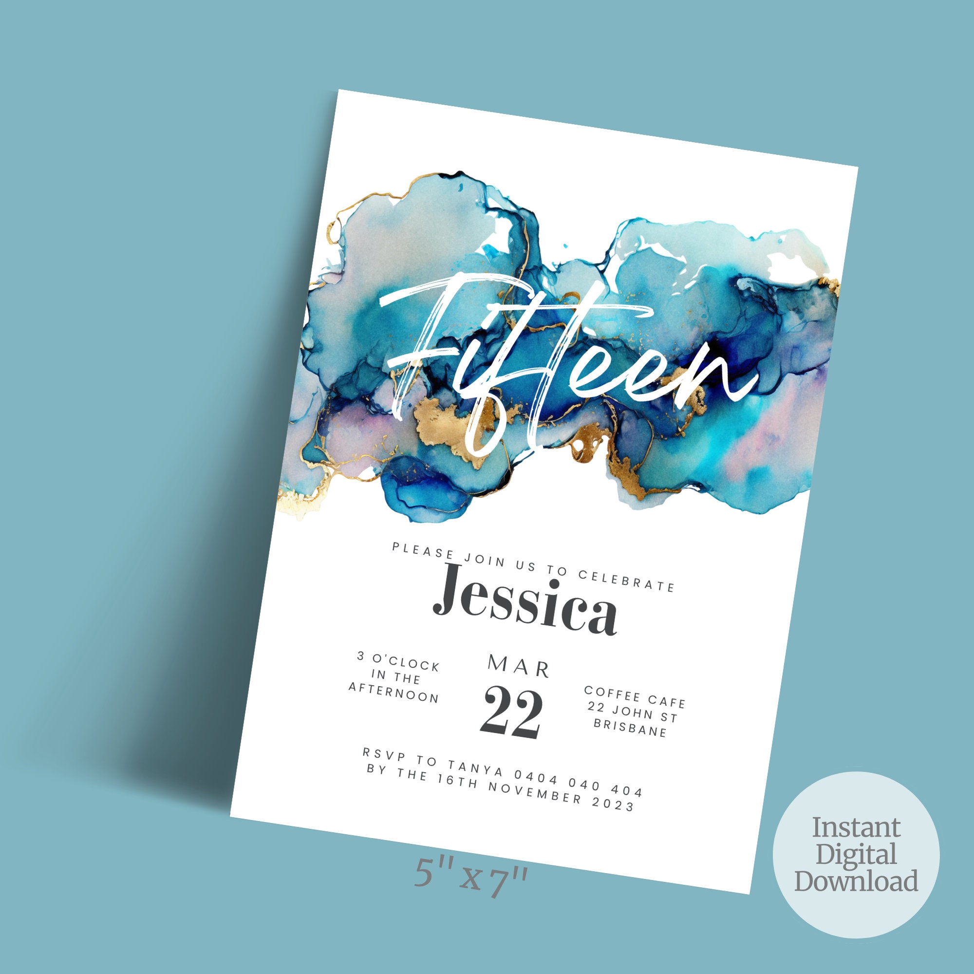Blue Splash 15th Birthday Invitation | Editable Printable (digital ...