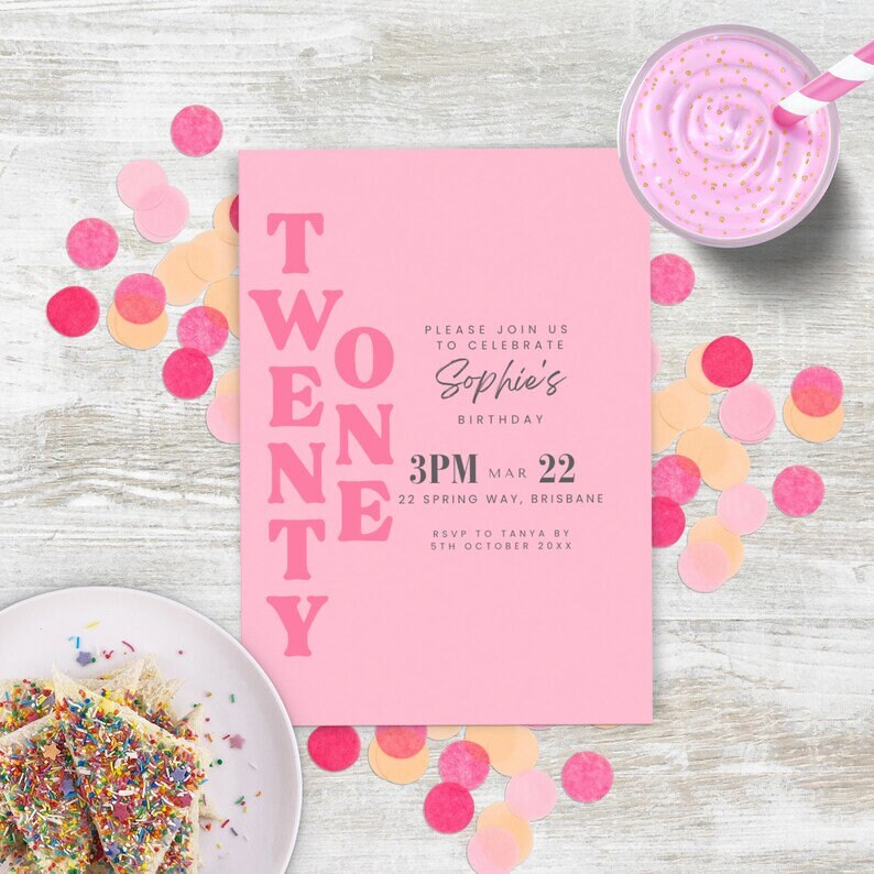 21st Birthday Pink Typography Party Invite | TWENTY ONE | Birthday ...