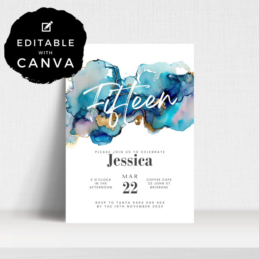 Blue Splash 15th Birthday Invitation | Editable Printable (digital ...