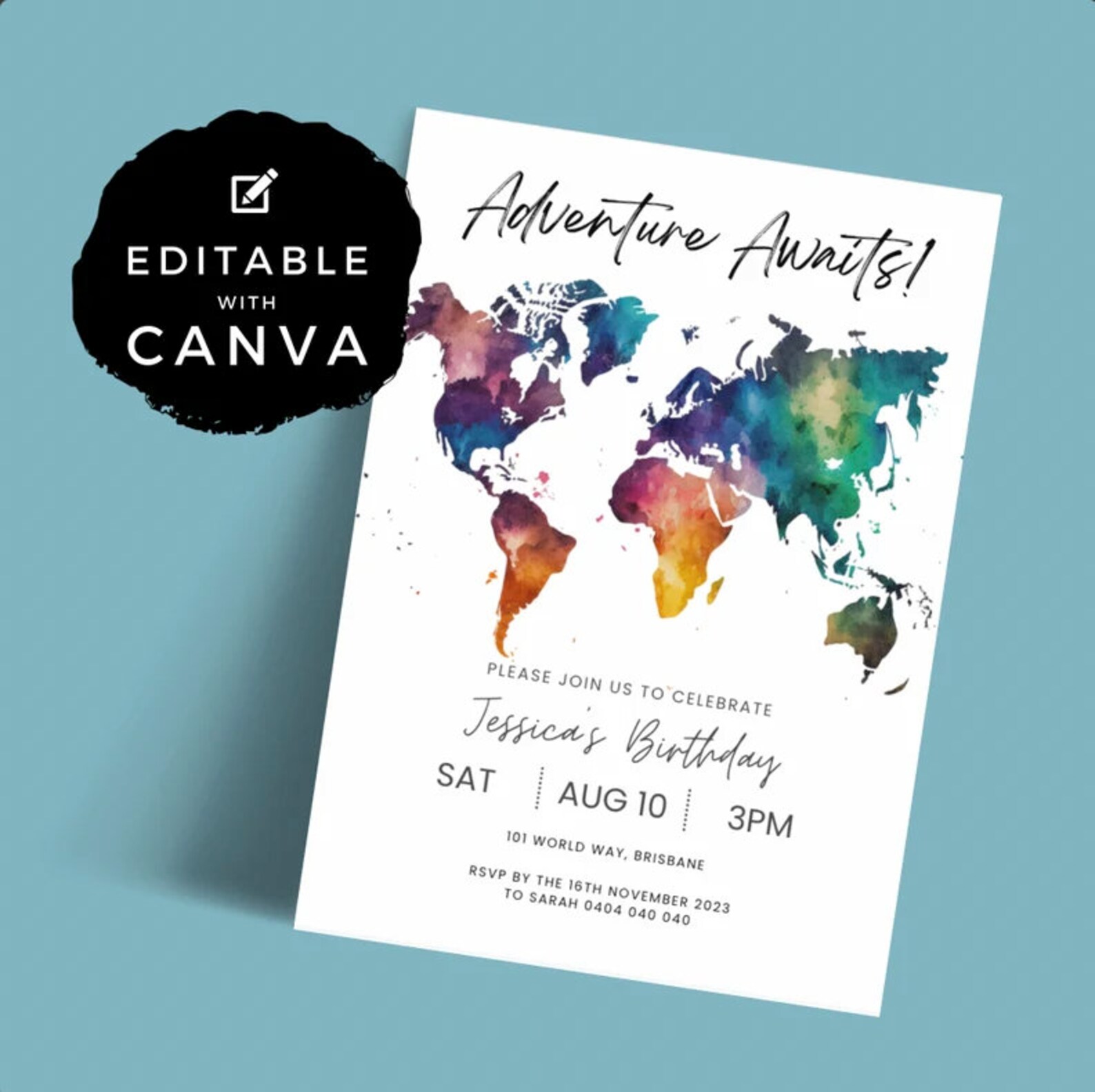 Adventure Awaits World Map Birthday Invite | Editable Template (digital ...