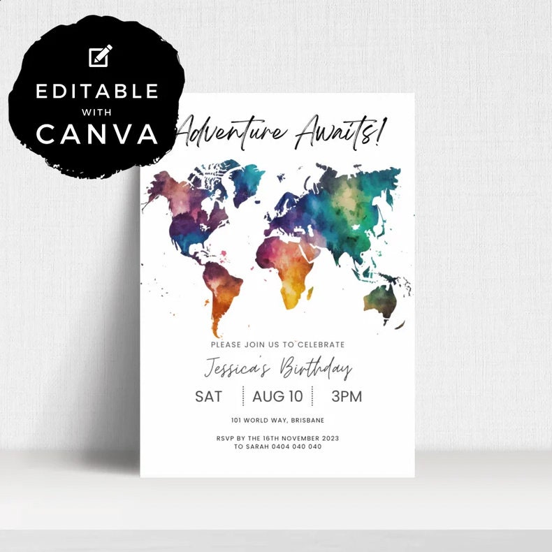 Adventure Awaits World Map Party Invite | Editable Invite | Birthday ...