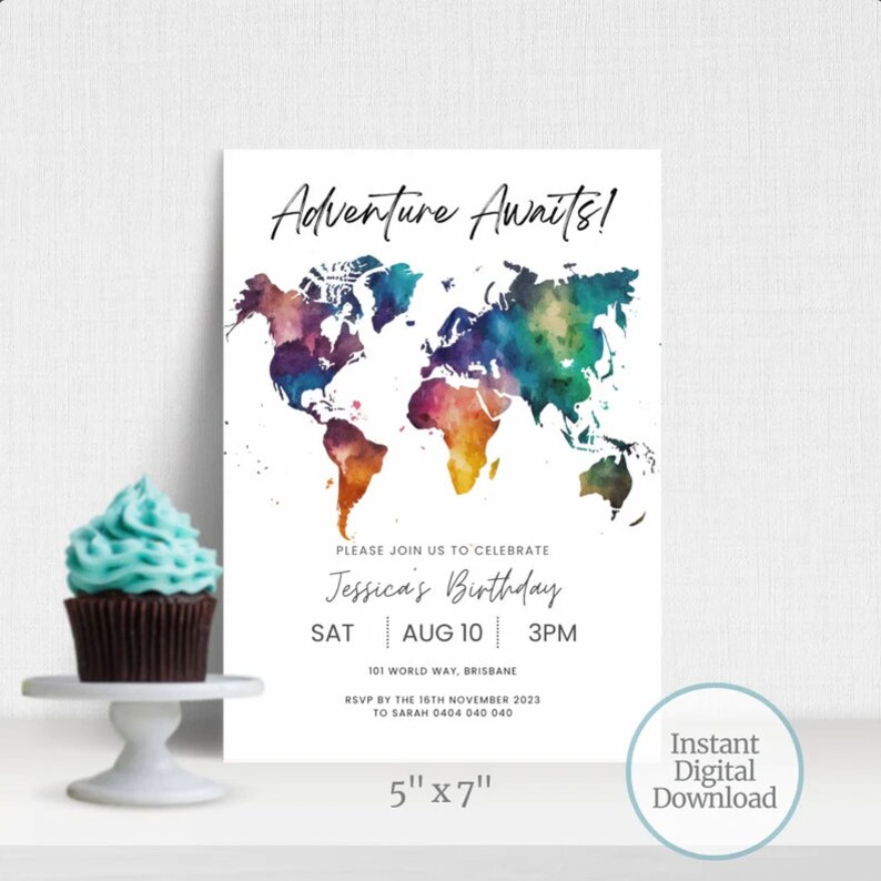 Adventure Awaits World Map Party Invite | Editable Invite | Birthday ...