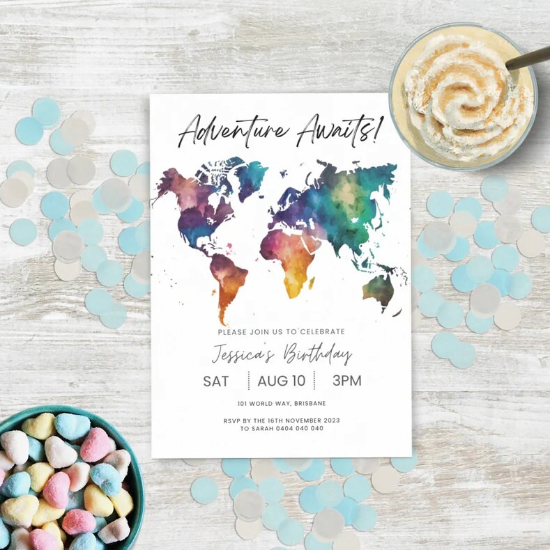 Adventure Awaits World Map Party Invite | Editable Invite | Birthday ...