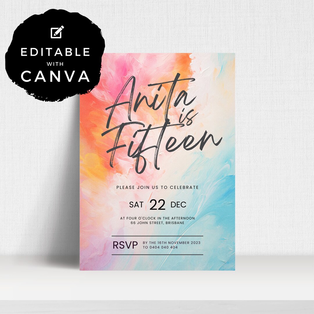 15th Birthday Invitation Template | Editable Colorful Party Invite ...