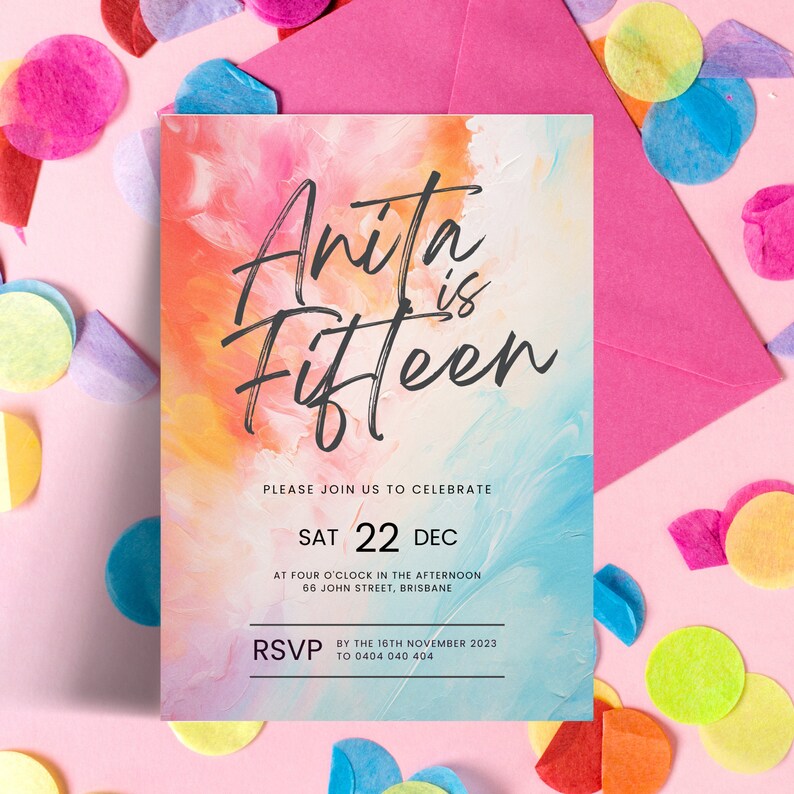 15TH Birthday Bright Birthday Invitation | FIFTEEN | Editable ...