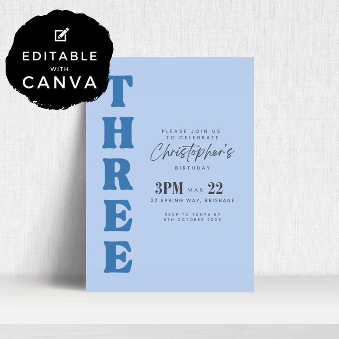 3rd Birthday Blue Typography Party Invite ALW10 | THREE | Birthday ...