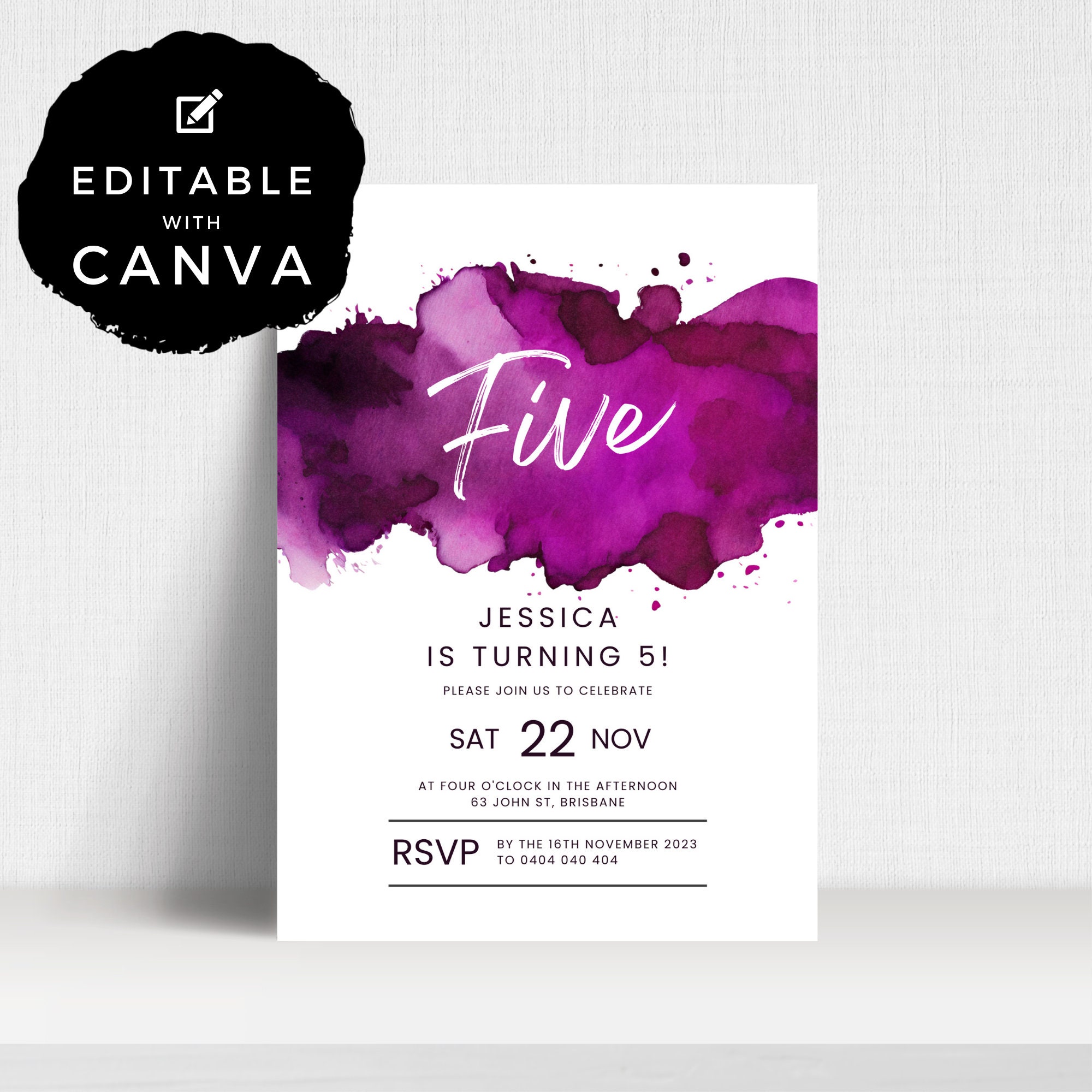 5th Birthday Purple & White Birthday Invitation | FIVE | Editable ...