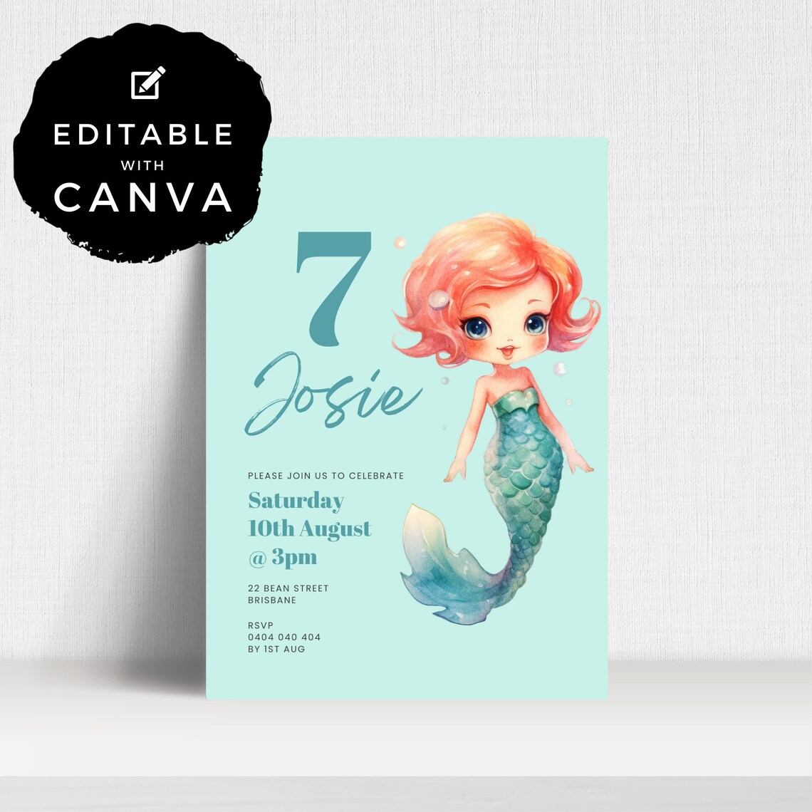 Mermaid 7th Birthday Invitation | Editable Party Template (digital ...