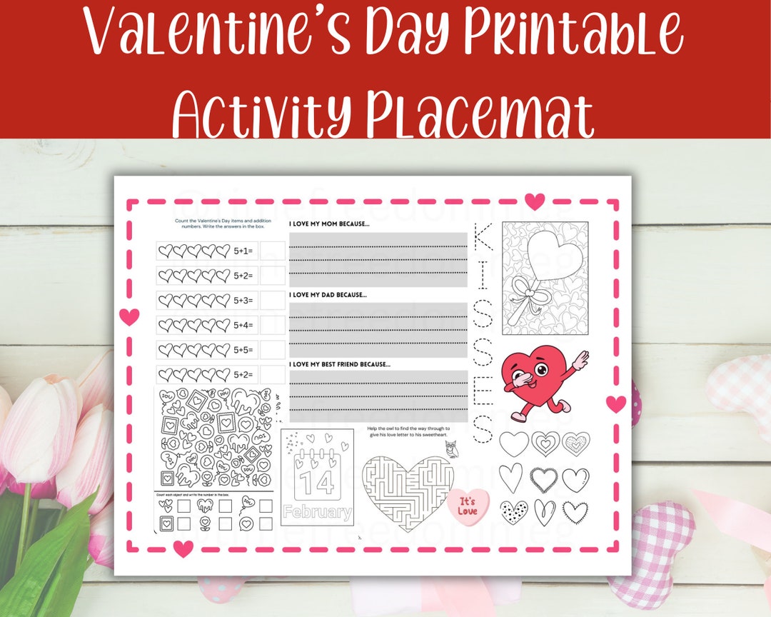 Valentines Day Coloring Placemat, Valentine Kid Activity Sheet ...