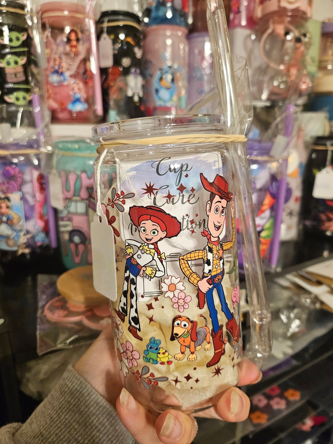 TOY STORY GLASS Adult 16oz Cup Set With Bamboo Lid ,straw and Topper ...