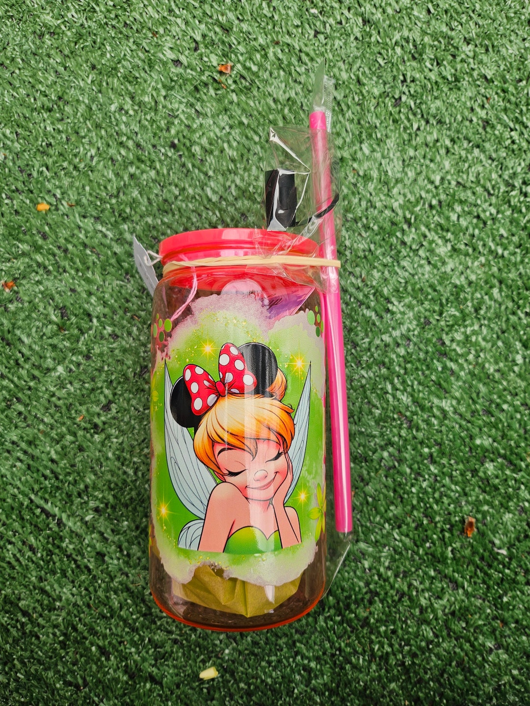 TINKER BELL Glass 16oz Cup Set With Lid ,straw and Topper / Tea Coffee ...