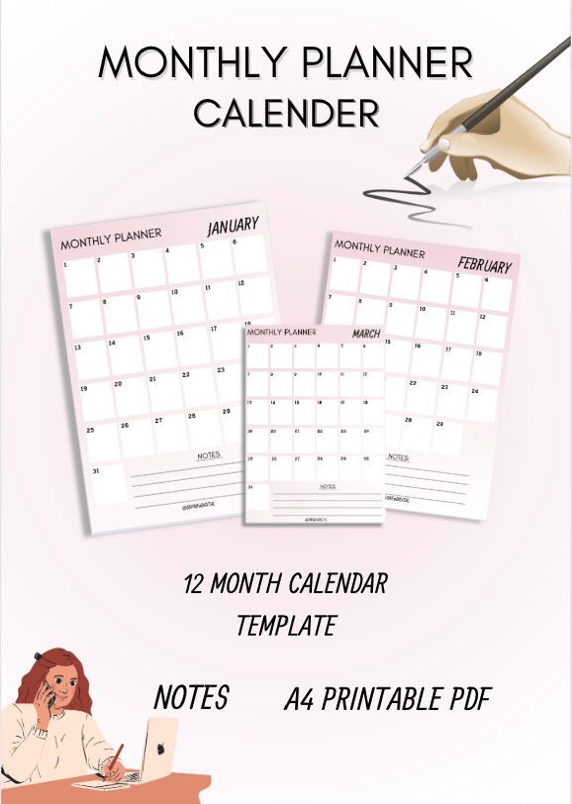 PRINTABLE 12 MONTH 2024 CALENDAR - Etsy