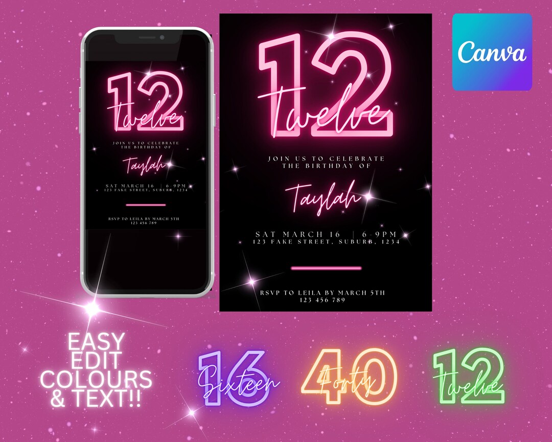 Sparkle Birthday, Neon Birthday Invite, Glitter Birthday, Birthday ...