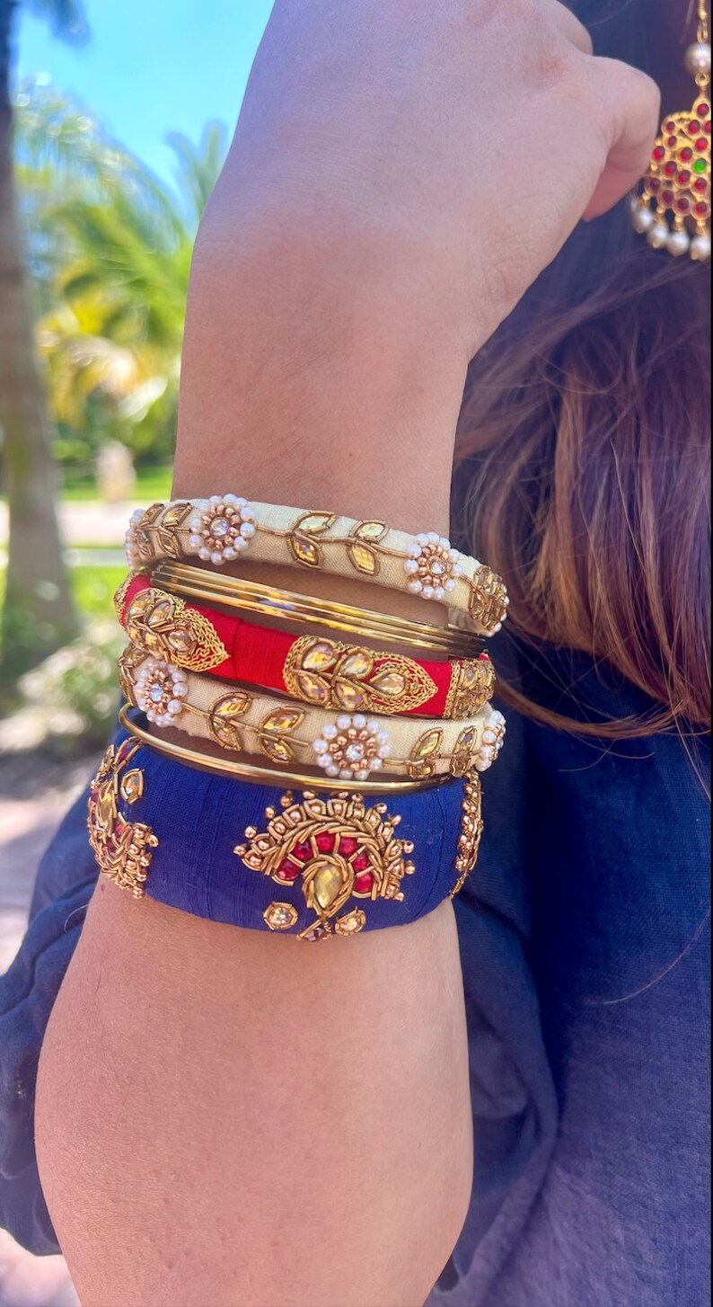 Agra Bangle | Indian Embroidered Raw Silk Boho Wooden Ethnic Jewelry ...