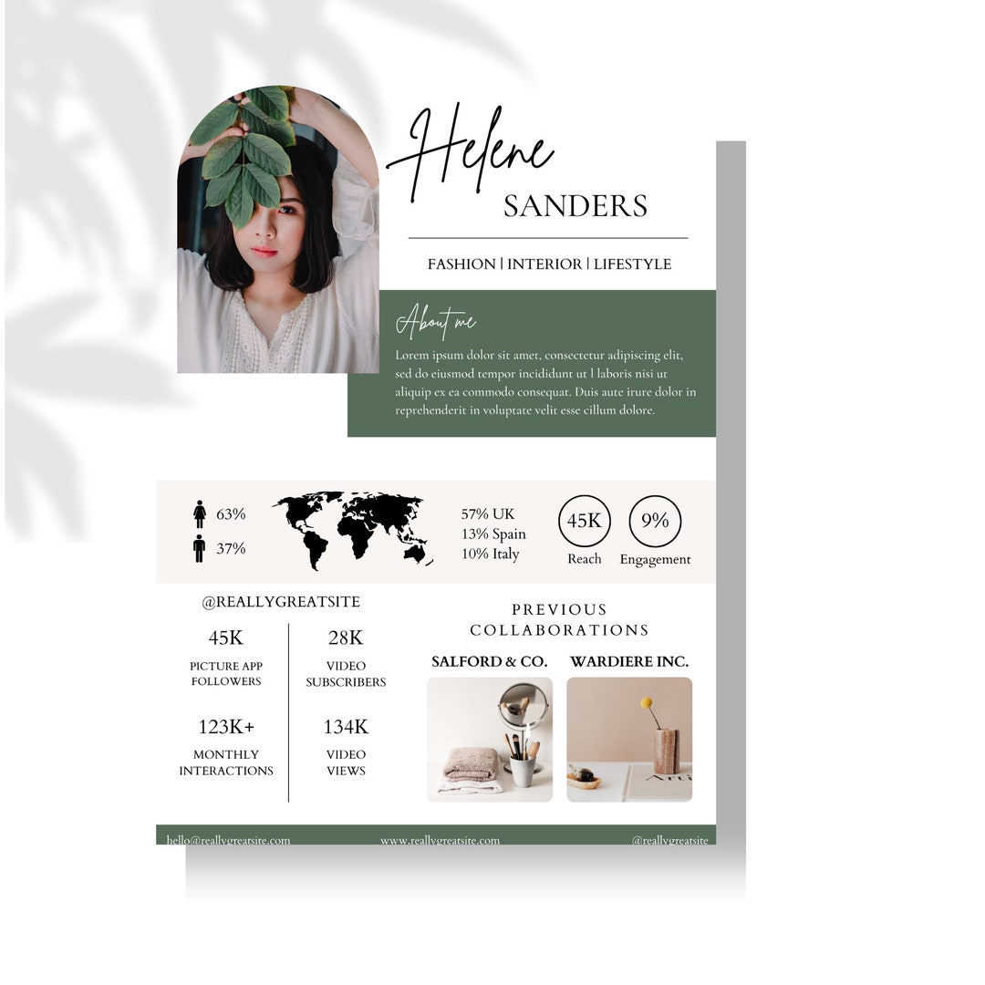 White & Green Influencer Media Kit Canva Template Digital Download ...